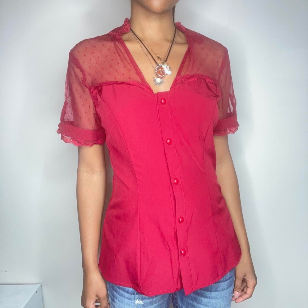 Scarlet Darkness Red Lace Polka Dot Sheer Button Up S… - Gem